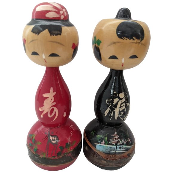 Art | Japanese Kokeshi Bobble Head Wooden Doll Pair Couple Handmade Set ...